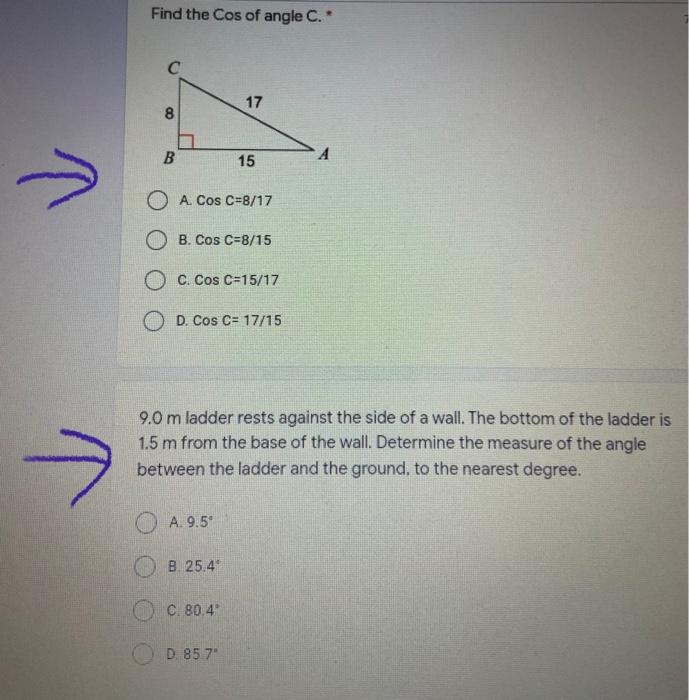 Solved 71 Find the Cos of angle C. * C 17 8 A B 15 A. Cos | Chegg.com