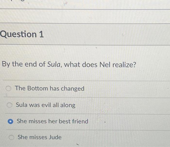 Question 1 By the end of Sula, what does Nel realize? | Chegg.com