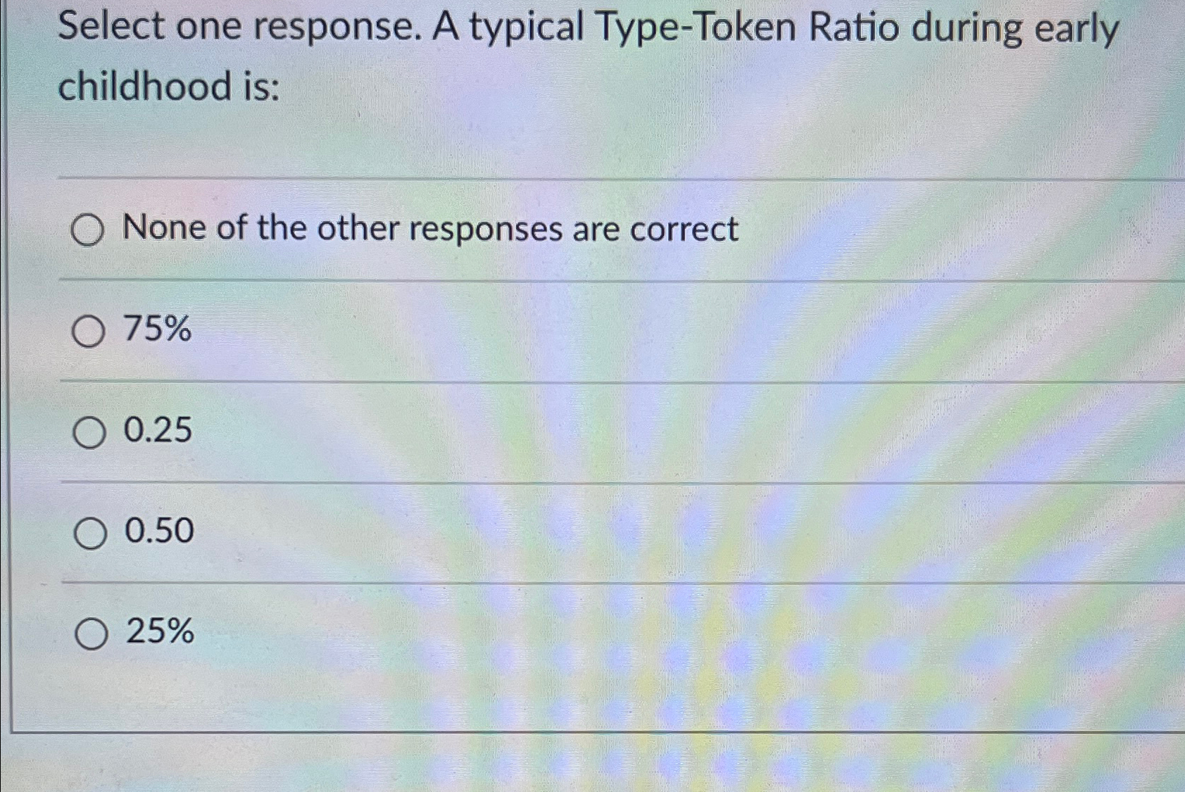 Solved Select one response. A typical Type-Token Ratio | Chegg.com