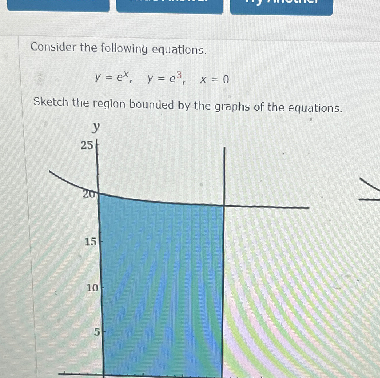 Solved Consider the following equations.y=ex,y=e3,x=0Sketch | Chegg.com