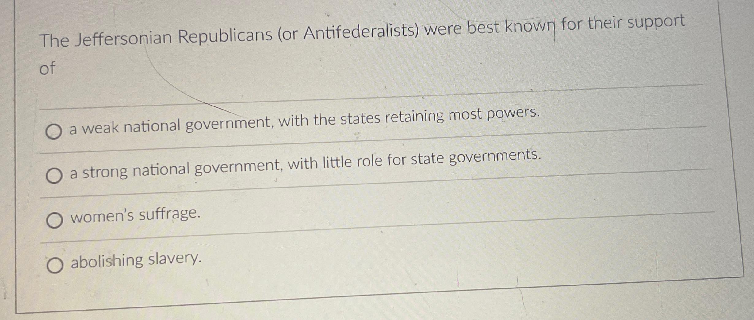 Solved The Jeffersonian Republicans (or Antifederalists) | Chegg.com