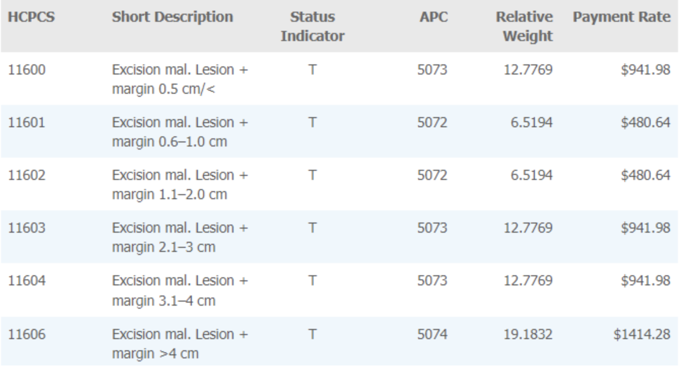 Solved Calculate the payment for an excision of a 2.0 ﻿cm | Chegg.com