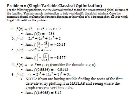 Problem 2 (Single Variable Classical Optimization)For | Chegg.com