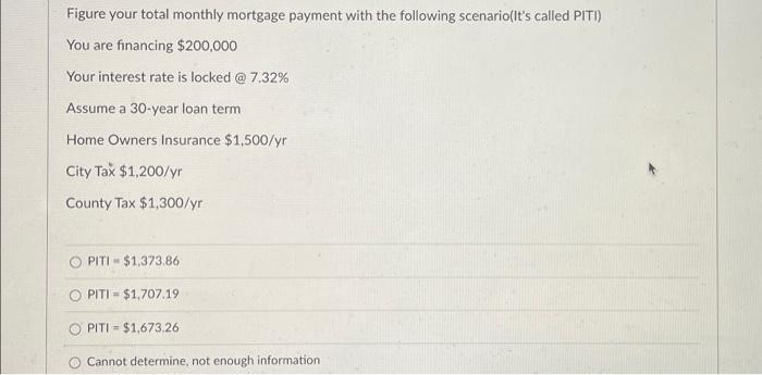 Solved Figure your total monthly mortgage payment with the | Chegg.com