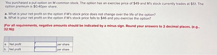 Solved You purchased a put option on M common stock. The | Chegg.com