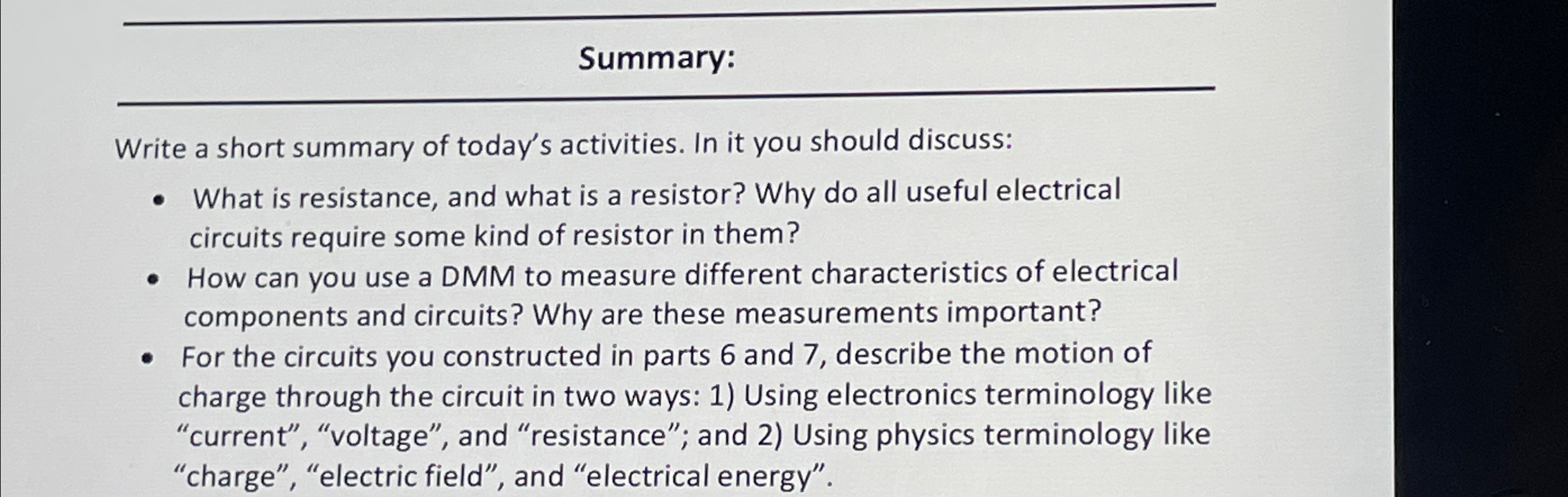 Solved Summary:Write a short summary of today's activities. | Chegg.com