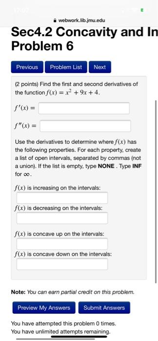 Solved webwork.lib.jmu.edu Sec4.2 Concavity and In Problem 6 | Chegg.com