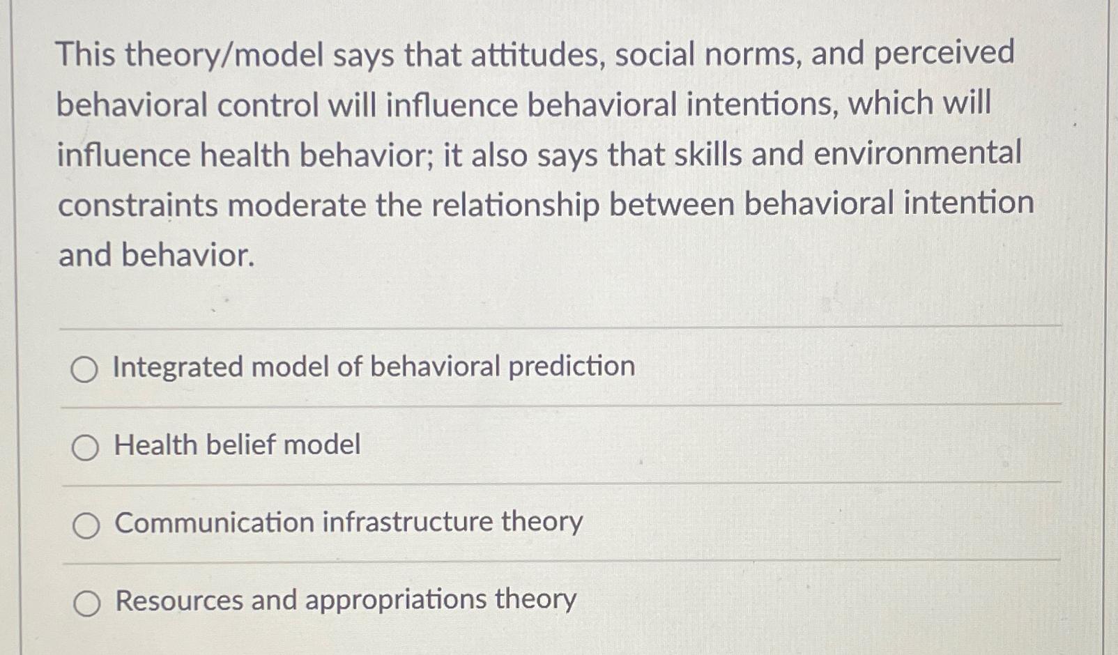Solved This theory/model says that attitudes, social norms, | Chegg.com