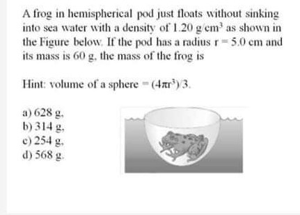 Solved A frog in hemispherical pod just floats without | Chegg.com