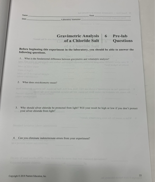 Solved Name Desk Date Laboratory Instructor Gravimetric | Chegg.com