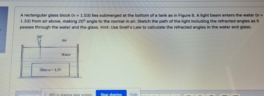 Solved A rectangular glass block (n = 1.53) lies submerged | Chegg.com