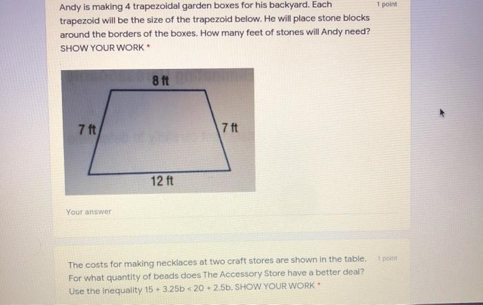 Solved 1 point Andy is making 4 trapezoidal garden boxes for | Chegg.com