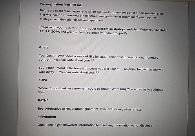 Solved Pre-negotiation Plan (Fill-in):Before the negotiation | Chegg.com