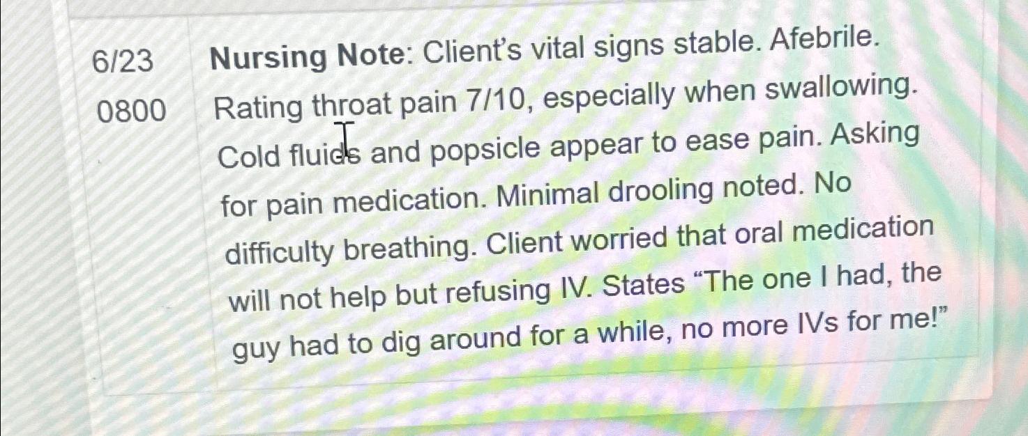 Solved 6/23 ﻿Nursing Note: Client's vital signs stable. | Chegg.com