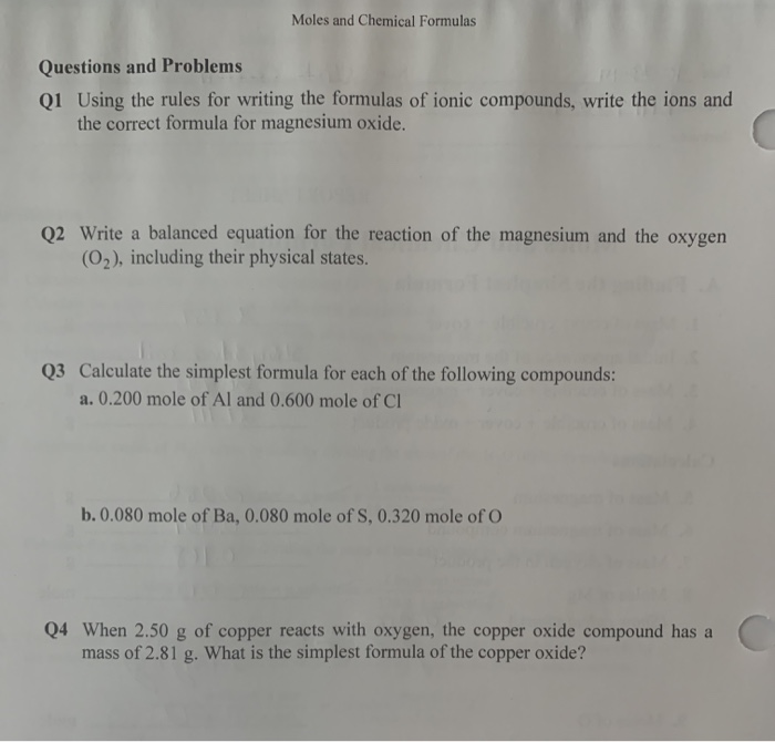 Solved Moles and Chemical Formulas Questions and Problems Q1 | Chegg.com