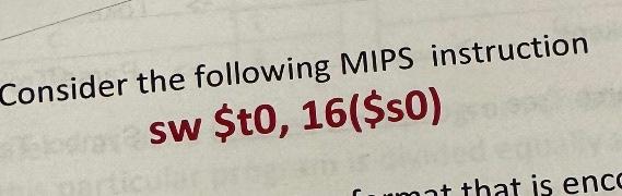 Solved Consider the following MIPS instruction sw $t0, | Chegg.com