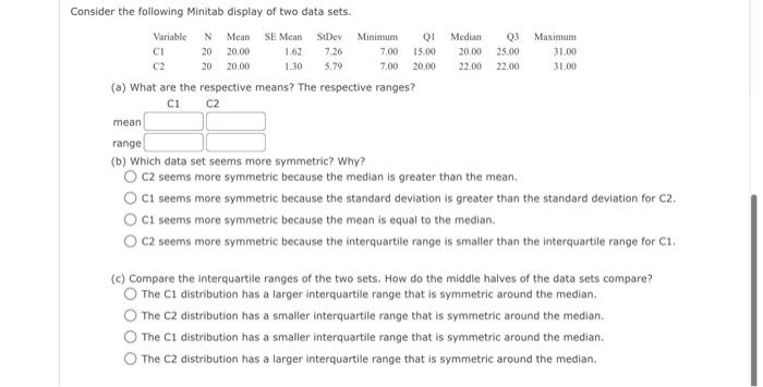 Solved Consider the following Minitab display of two data | Chegg.com