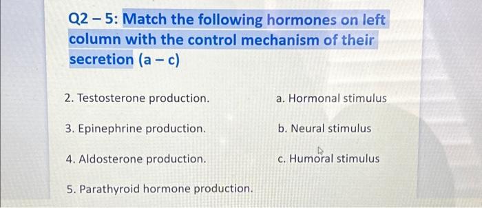 Q25: Match the following hormones on left column with | Chegg.com