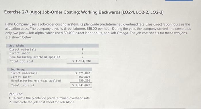 Solved Exercise 2-7 (Algo) Job-Order Costing; Working | Chegg.com
