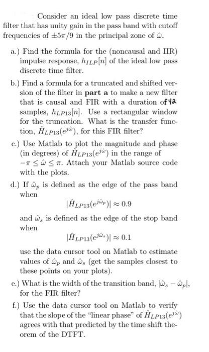 Solved Consider an ideal low pass discrete time filter that | Chegg.com