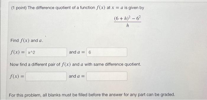 Solved (1 point) The difference quotient of a function f(x) | Chegg.com