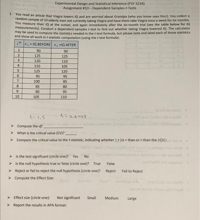 Solved Experimental Design and Statistical Inference (PSY | Chegg.com