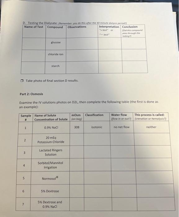 Name: Date: Lab Worksheet: Dialysis and Osmosis Part | Chegg.com