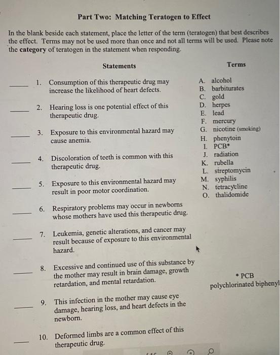Solved Part Two: Matching Teratogen to Effect In the blank | Chegg.com