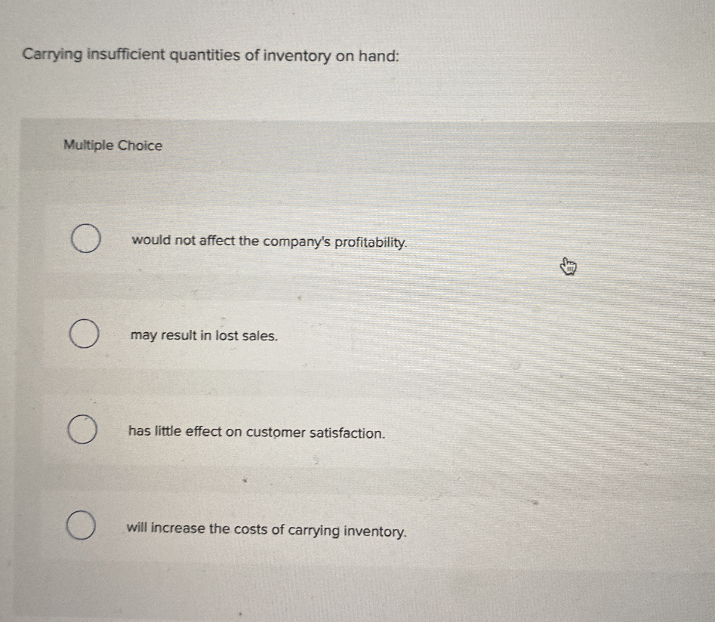 Solved Carrying insufficient quantities of inventory on | Chegg.com