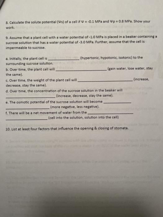 Solved 8. Calculate the solute potential (s) of a cell if W | Chegg.com