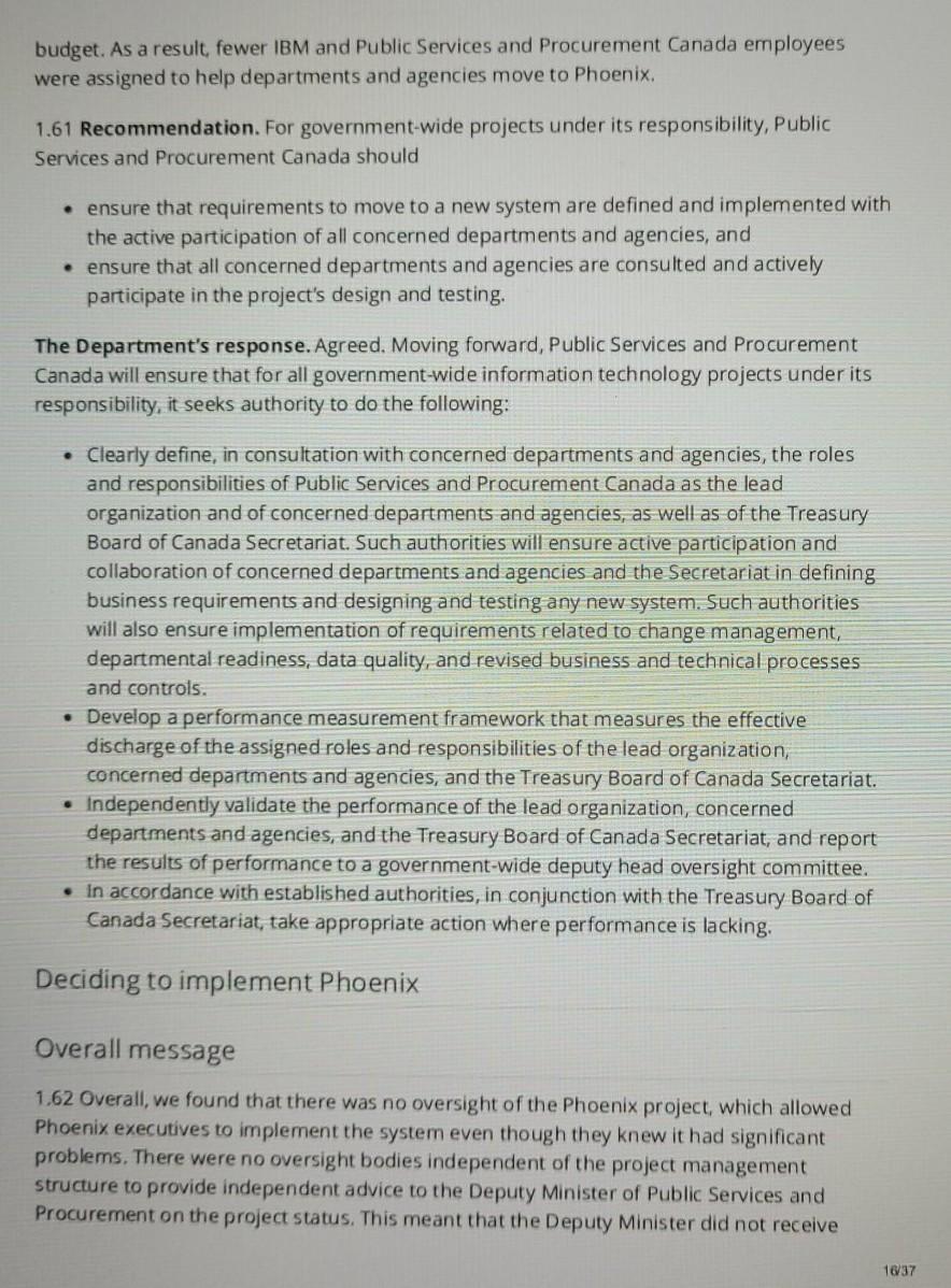 Solved Auditor General of Canada on the Phoenix Payroll | Chegg.com