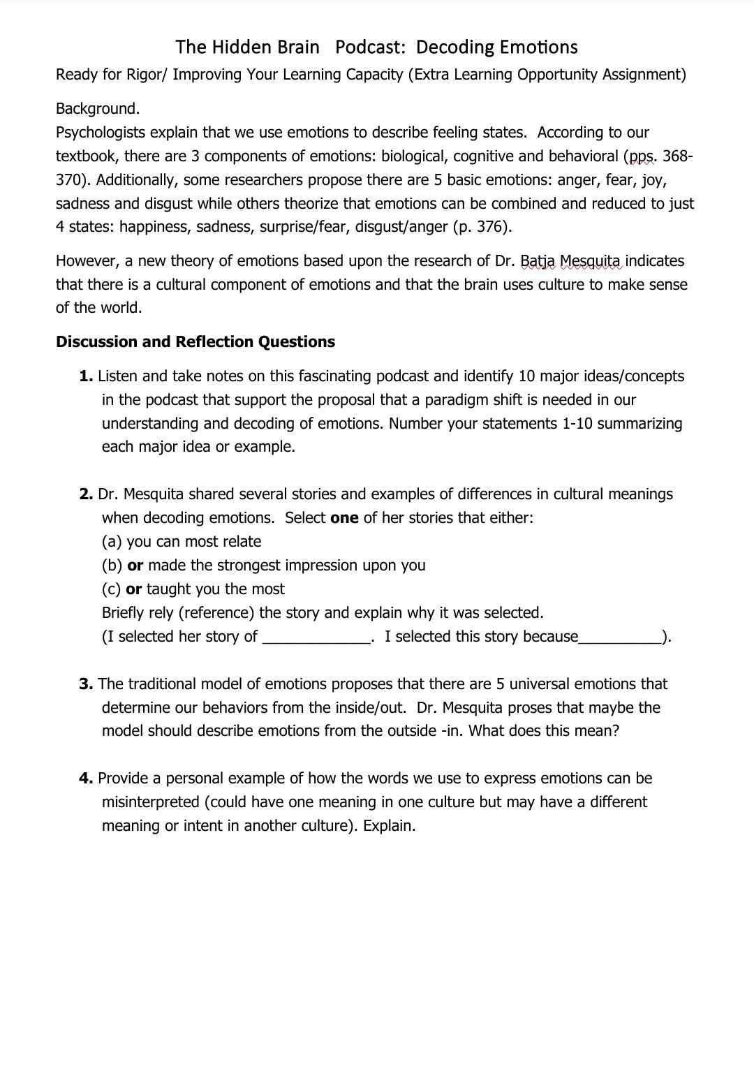 Solved The Hidden Brain Podcast: Decoding Emotions Ready for | Chegg.com