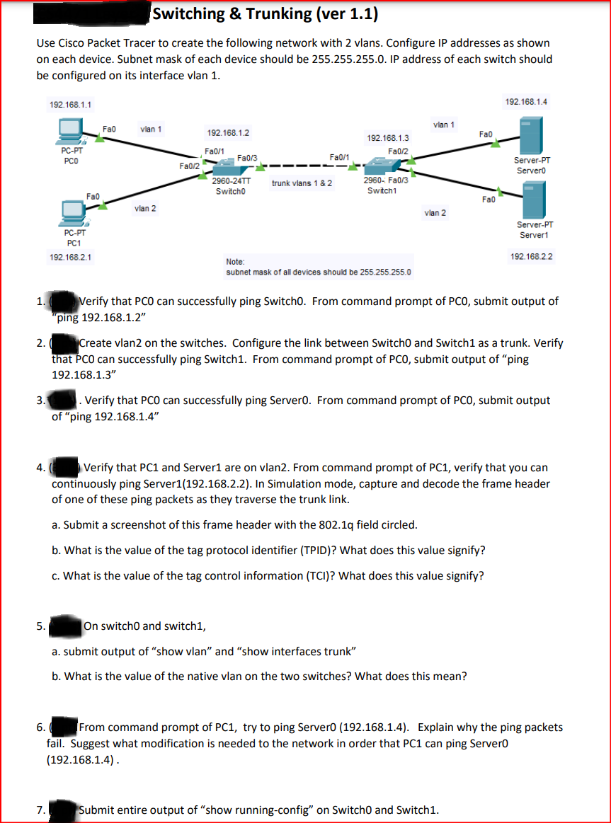Switching \& Trunking (ver 1.1)Use Cisco Packet | Chegg.com