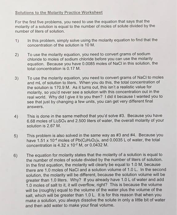 Solutions to the Molarity Practice Worksheet For the | Chegg.com