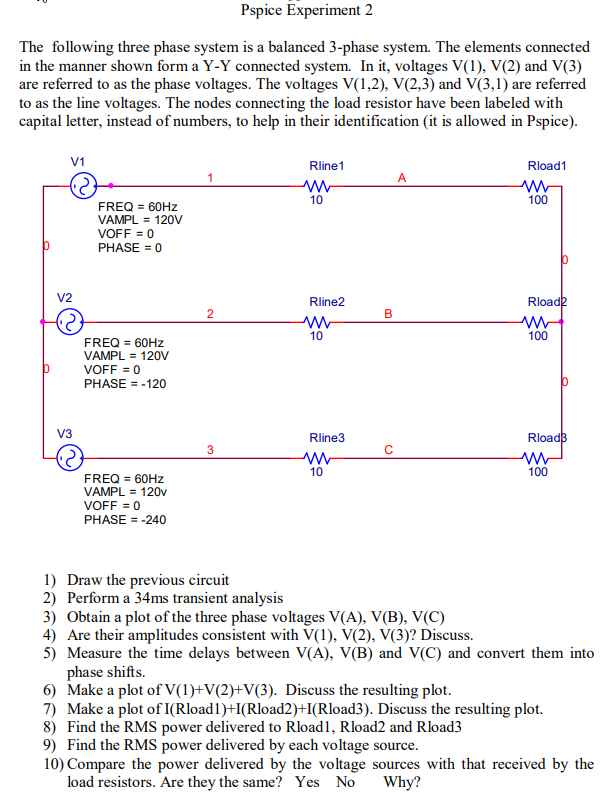 Solved Pspice Experiment 2 The following three phase system | Chegg.com