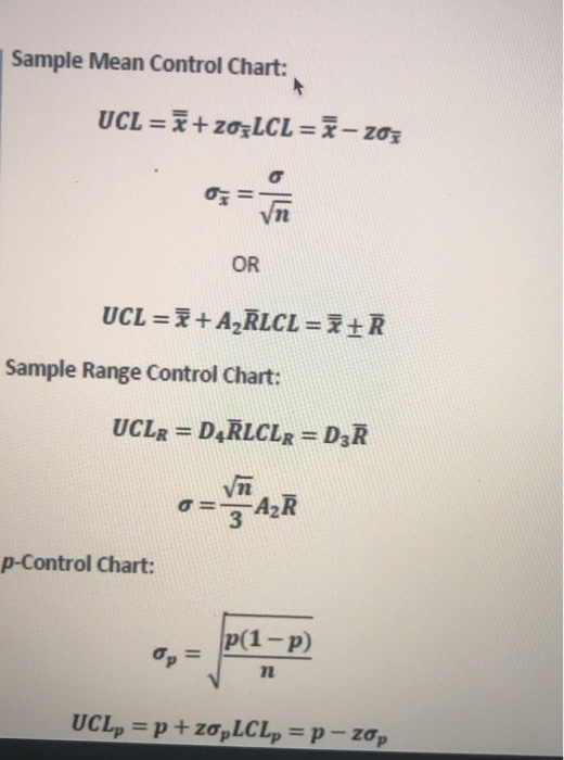 Solved Sample Mean Control Chart: UCL = ă+z0zLCL = - zoz OR | Chegg.com