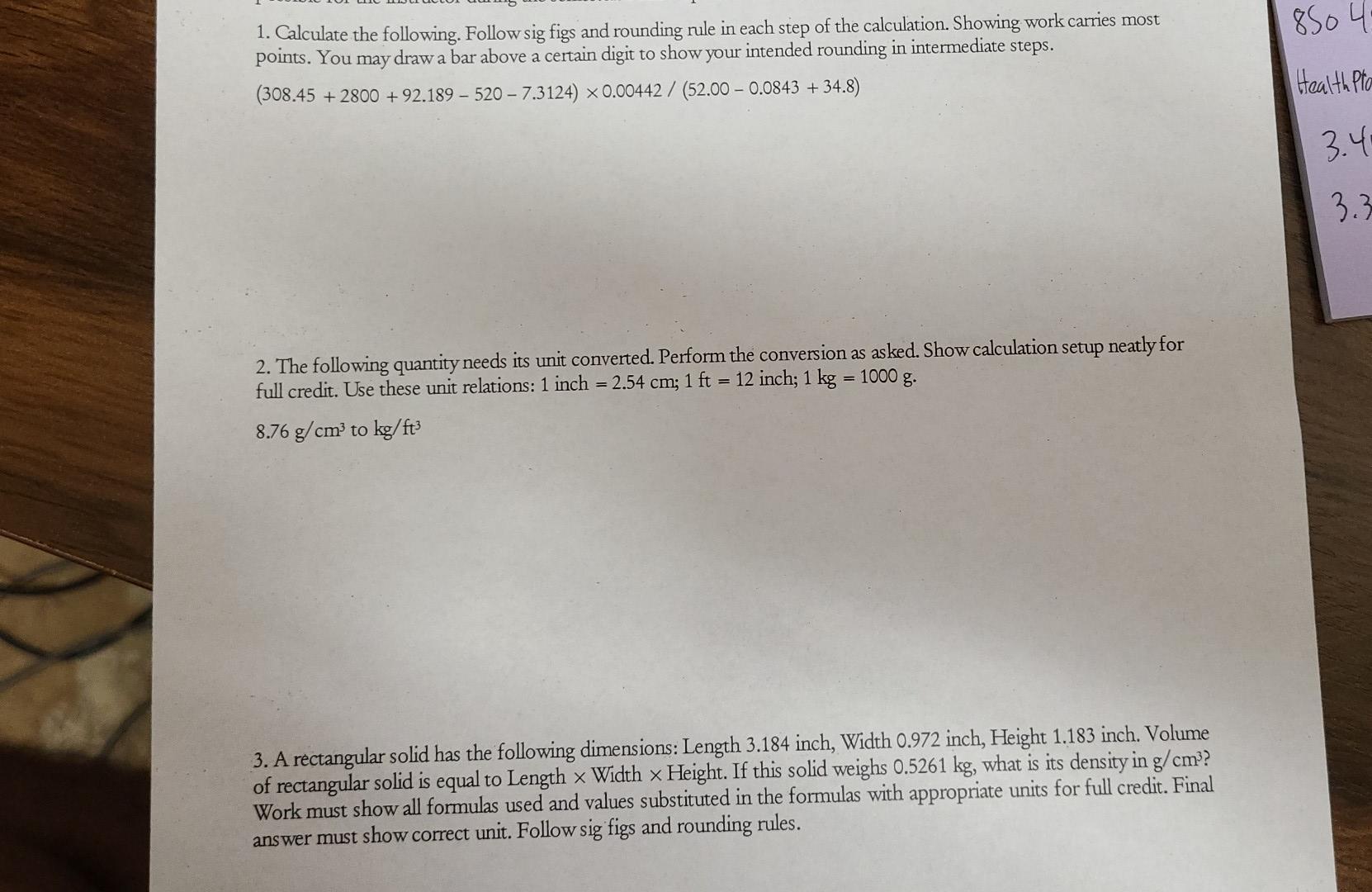 Solved 8504 1. Calculate the following. Follow sig figs and | Chegg.com