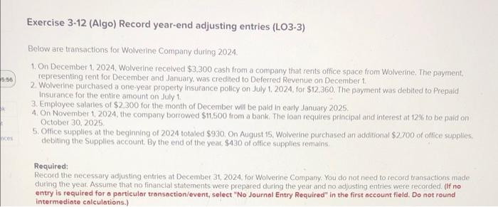 Solved Exercise 3−12 (Algo) Record year-end adjusting | Chegg.com