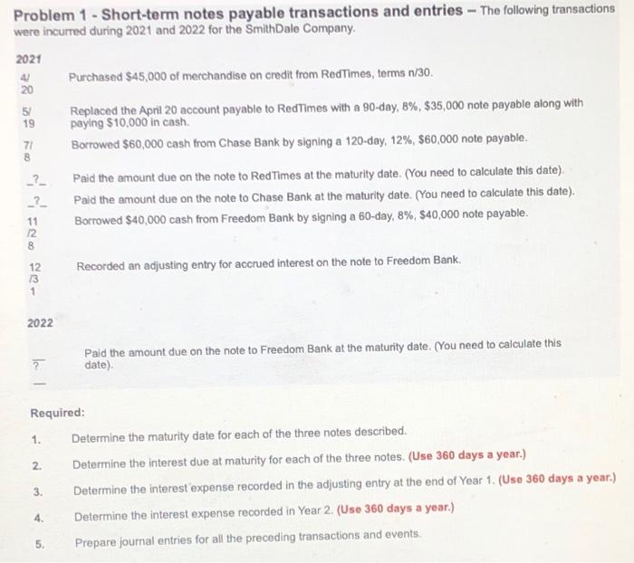 Solved Problem 1 - Short-term notes payable transactions and | Chegg.com