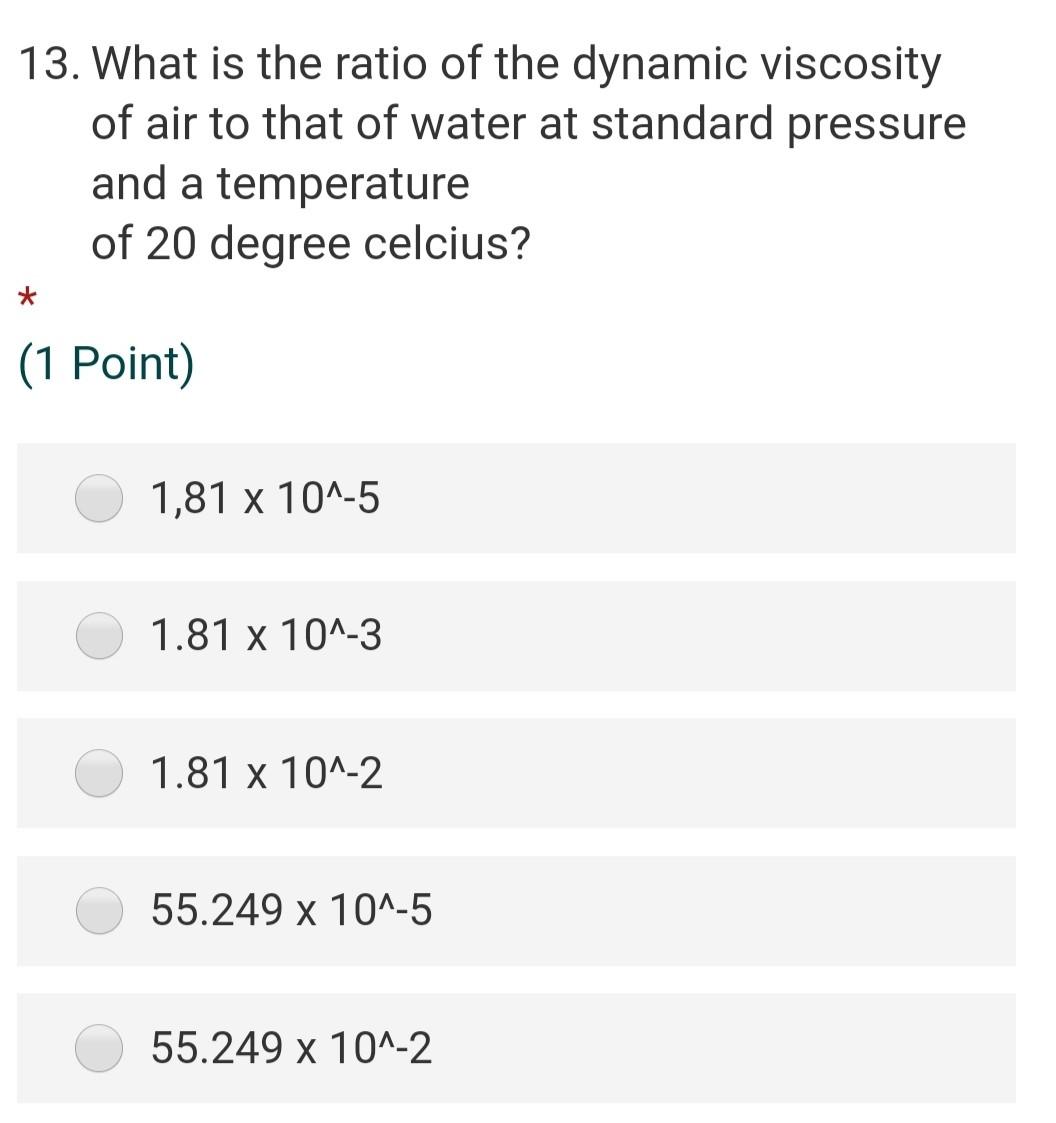 Solved 13. What is the ratio of the dynamic viscosity of air | Chegg.com