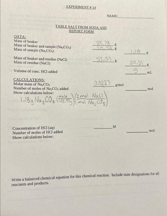 NAME: TABLE SALT FROM SODA ASH REPORT FORM DATA: Mass | Chegg.com