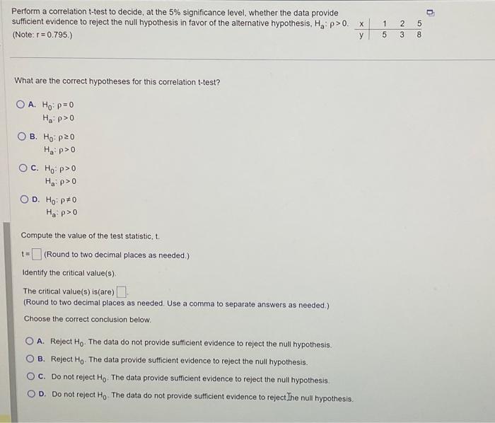Solved Perform a correlation t-test to decide, at the \5 | Chegg.com