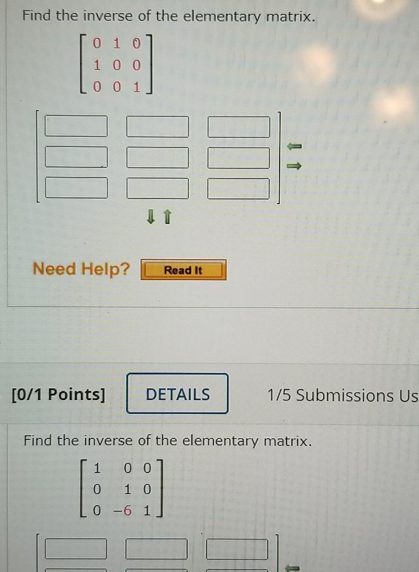 Solved Find the inverse of the elementary matrix. 0 1 0 1 0 | Chegg.com