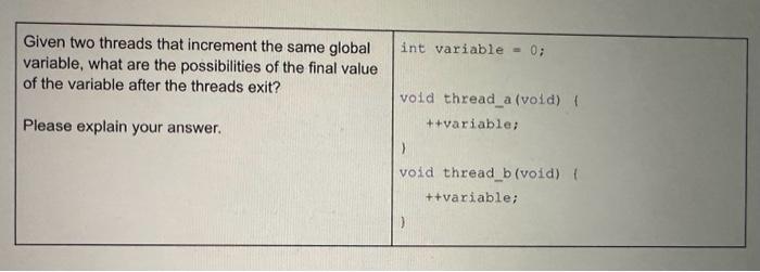 Solved Given two threads that increment the same global | Chegg.com