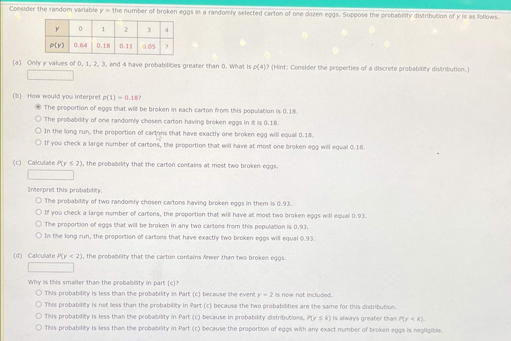 Solved Consider the random variable y= ﻿the number of broken | Chegg.com