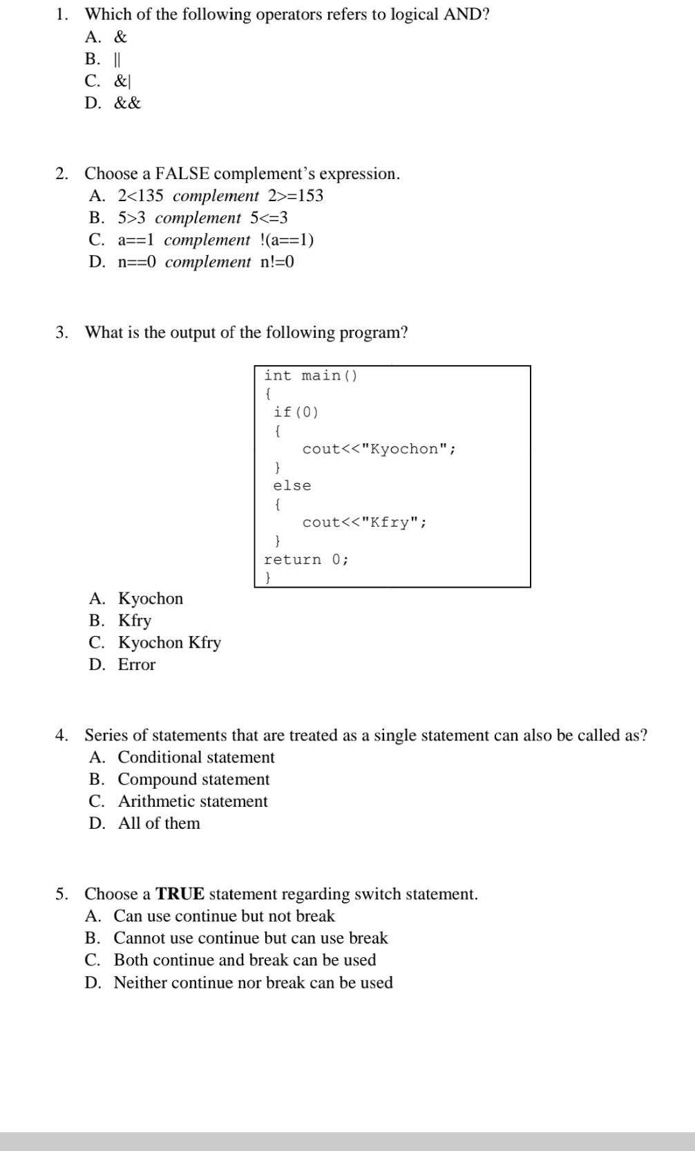 Solved 1. Which of the following operators refers to logical | Chegg.com