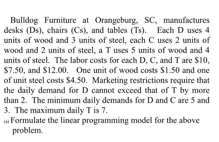 Solved Bulldog Furniture at Orangeburg, SC, manufactures | Chegg.com Solved Bulldog Furniture at Orangeburg, SC, manufactures | Chegg.com