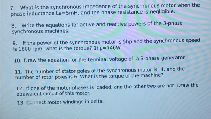 Solved 7. What is the synchronous impedance of the | Chegg.com