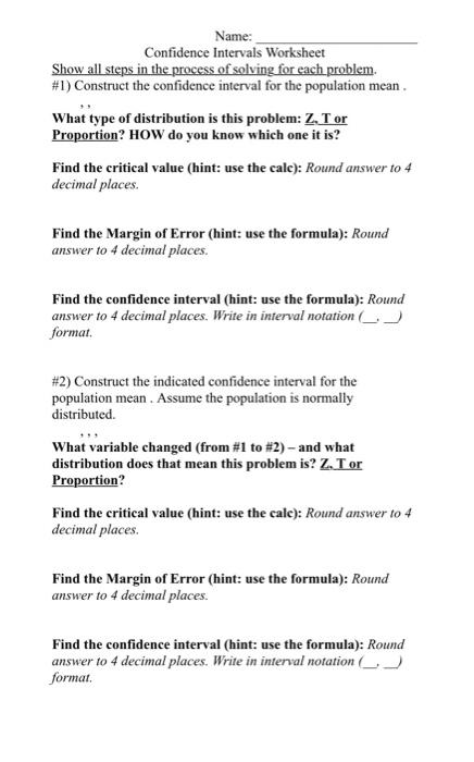 Solved Back Confidence Intervals Worksheet.docx Name: | Chegg.com