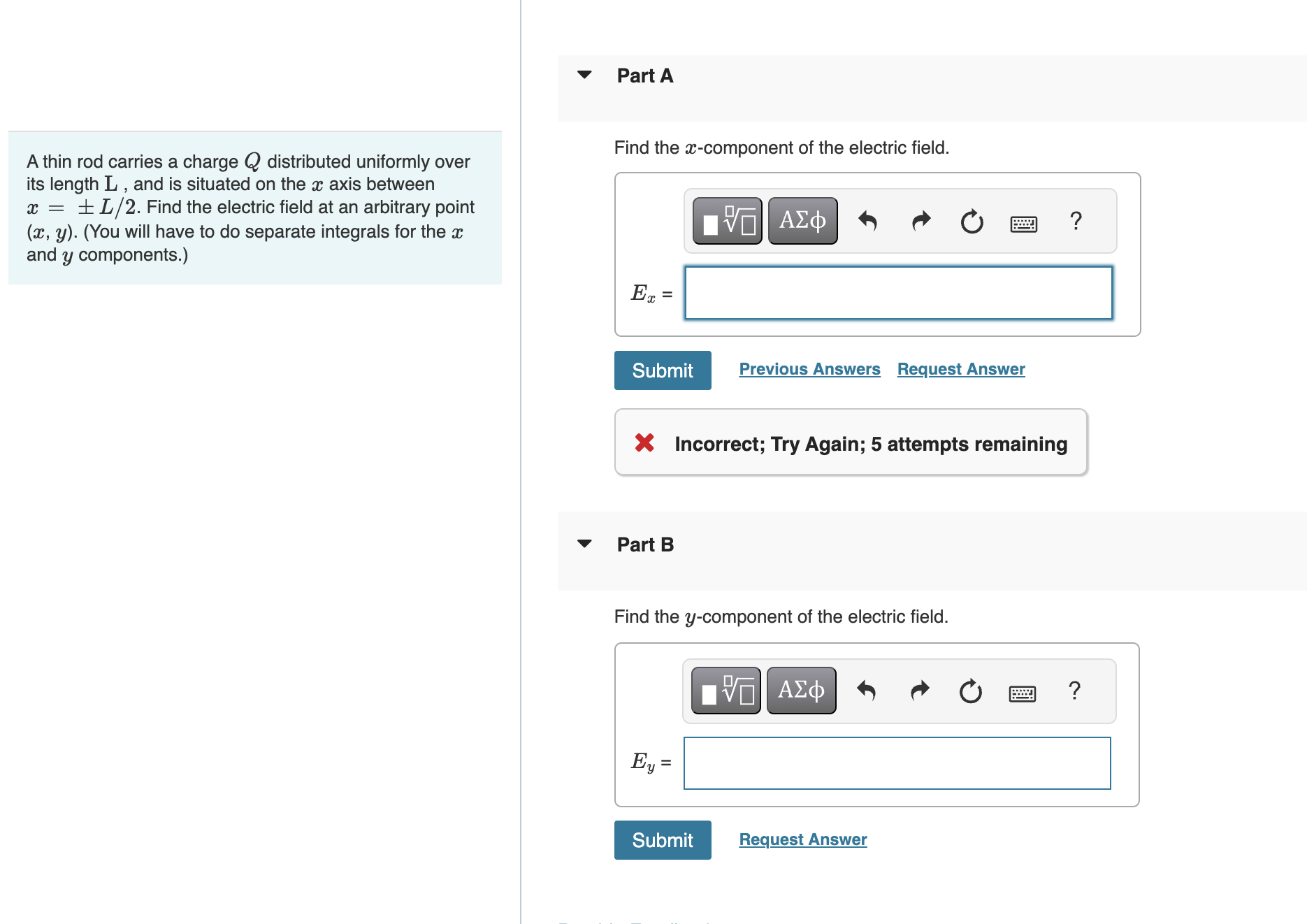 Solved Part AA thin rod carries a charge Q ﻿distributed | Chegg.com
